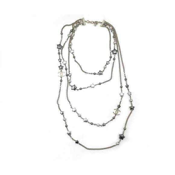 CHANEL | Jewelry | Chanel Silver Cc Grey Stars 4 Strand Chain Necklace ...